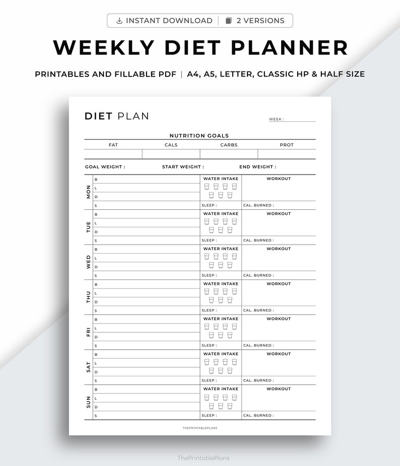 Weekly Diet Planner Printable Weekly Meal Planner Health & - Etsy