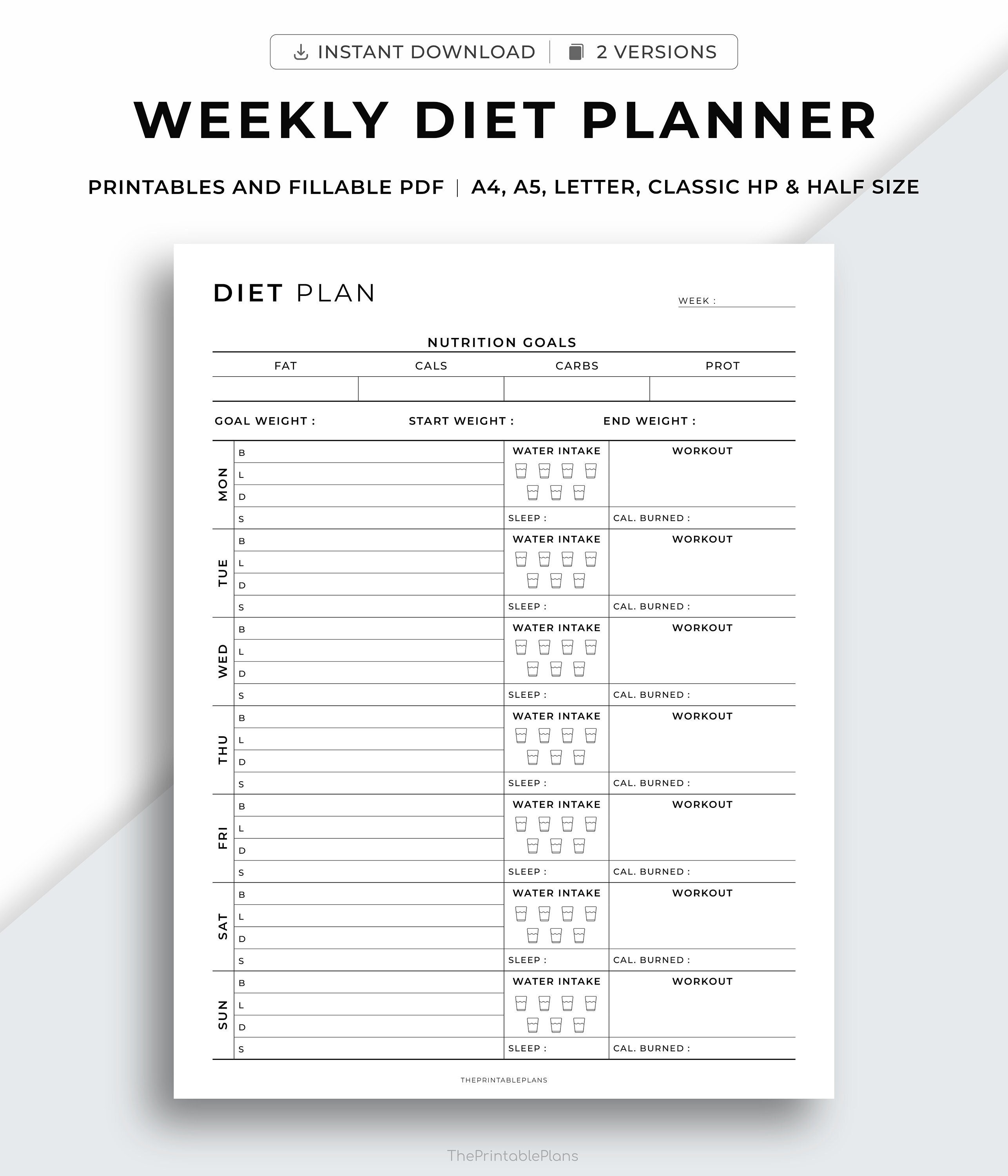 Weekly Diet Planner Printable Weekly Meal Planner Health & - Etsy