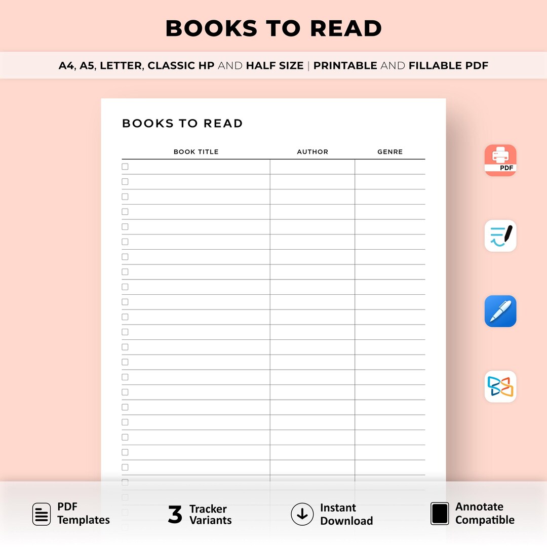 Books to Read Printable, Books to Read List, Book Reading Tracker ...