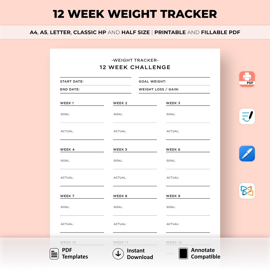 12 Week Weight Tracker, 12 Week Challenge, Weight Loss Tracker, Weight ...