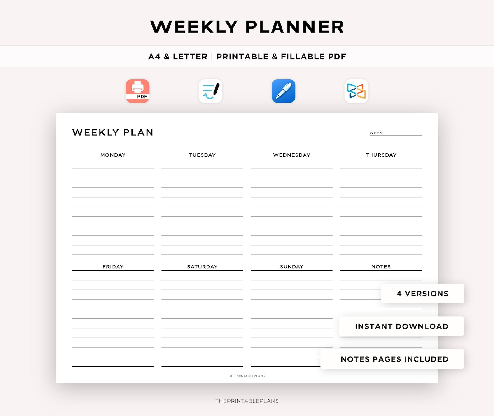 Weekly Planner Printable Landscape, Minimalist Weekly Schedule, Week at ...