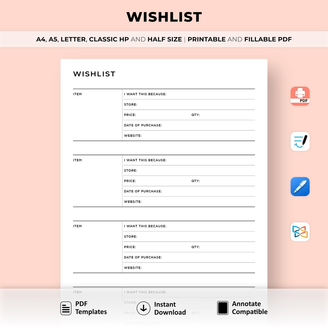 Wishlist Planner Printable, Holiday Wishlist Template, Birthday Wishlist, Shopping Wish List ...