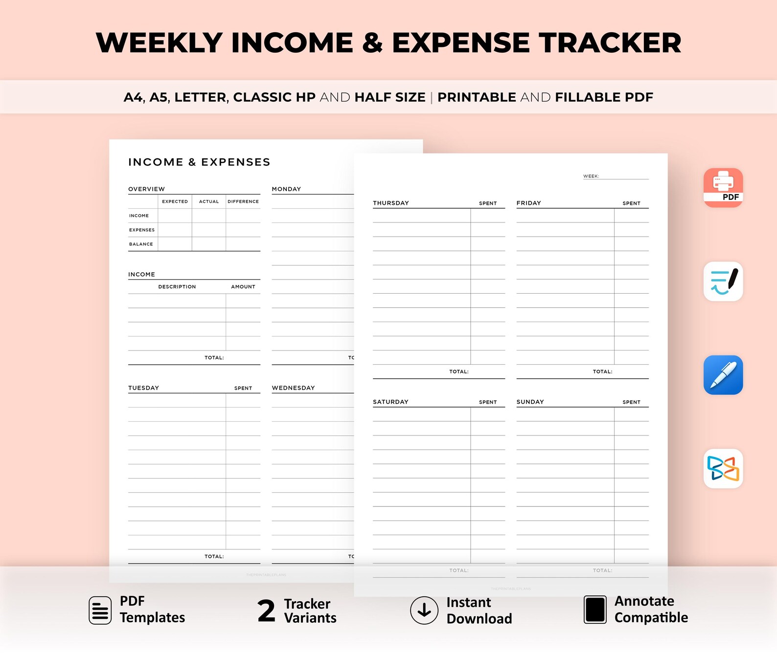 Weekly Income & Expense Tracker on Two Pages, Income Tracker, Expense ...