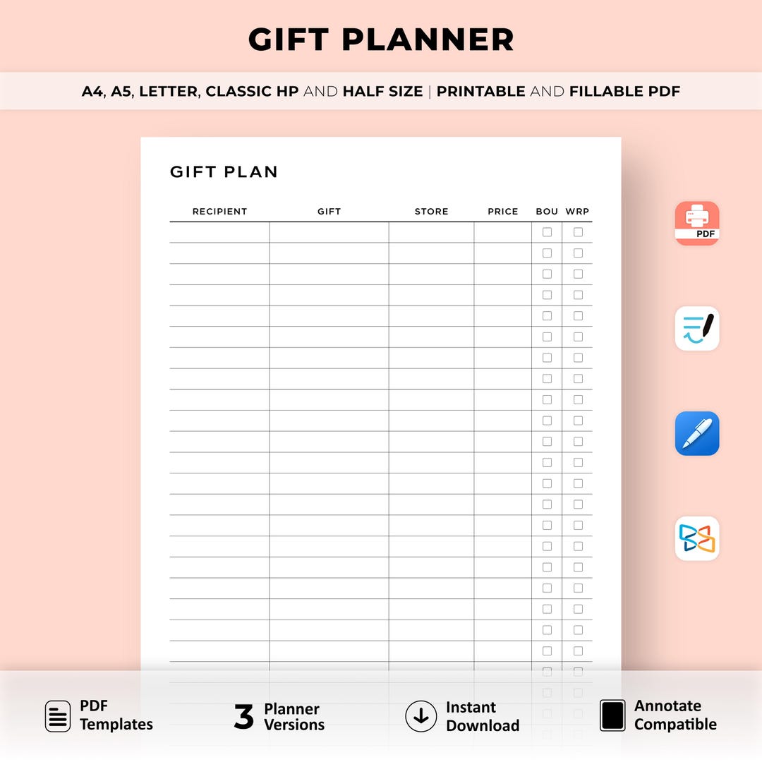 Simple Gift Planner Printable, Gift Tracker, Gift Ideas, Shopping List ...