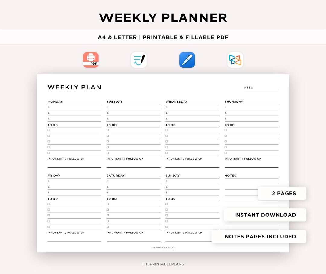 Weekly Planner Printable Landscape, Weekly Schedule, Week at a Glance ...
