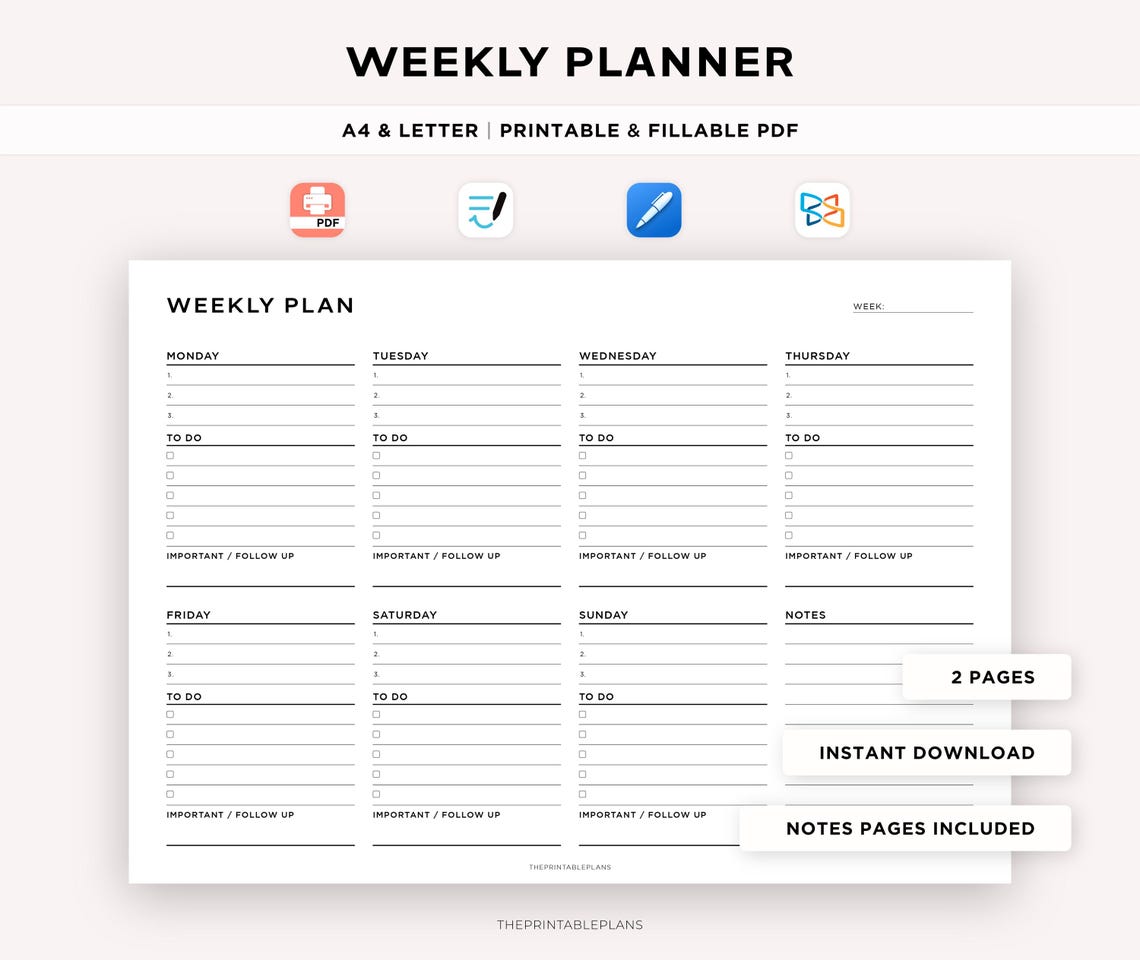 Weekly Planner Printable Landscape, Weekly Schedule, Week at a Glance ...