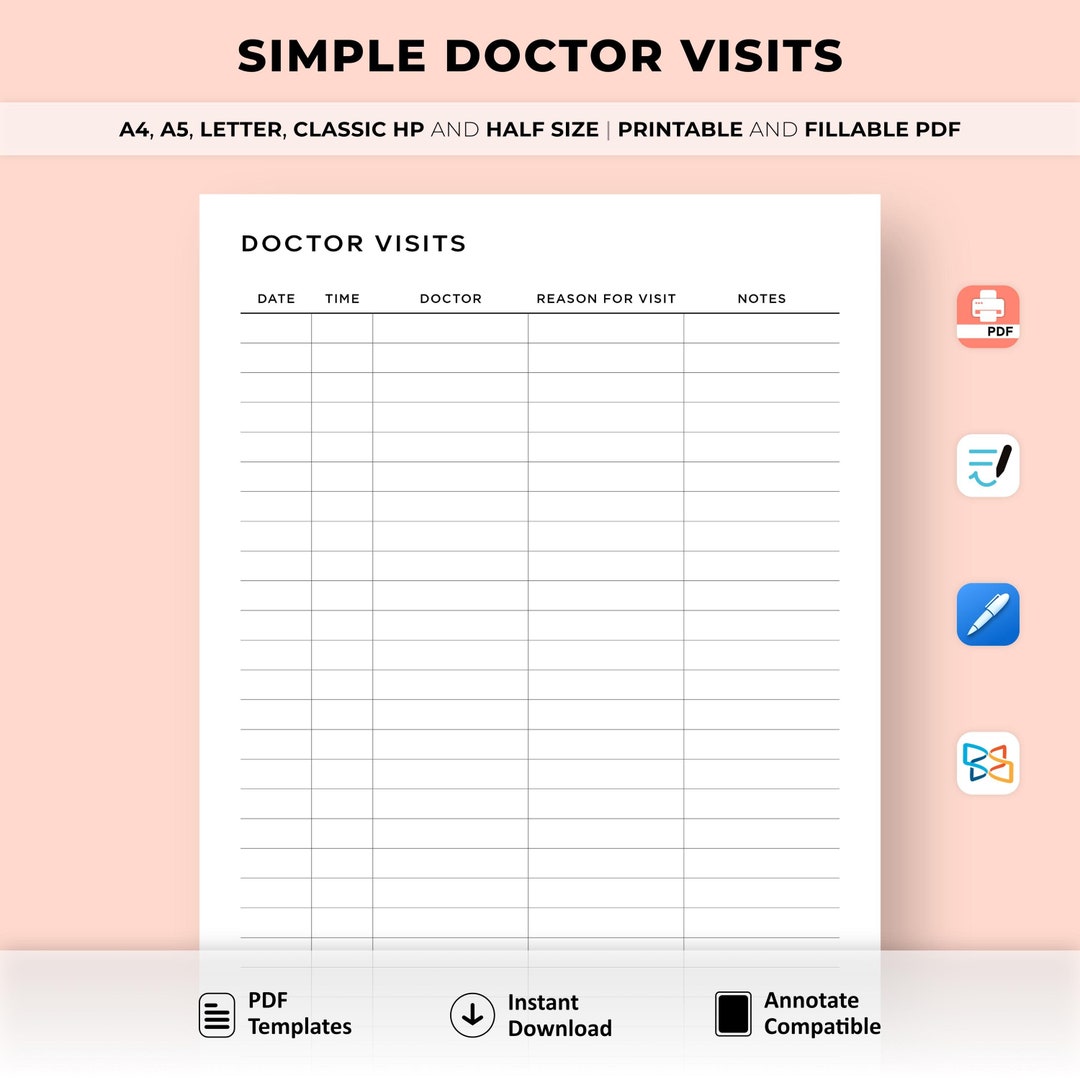 Simple Doctor Visits Tracker Printable, Doctor Appointments Planner ...