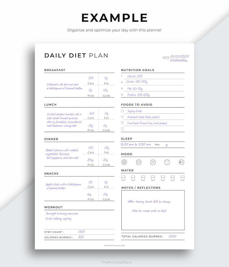Daily Diet Planner Printable, Meal Planner, Food Diary, Menu Template ...