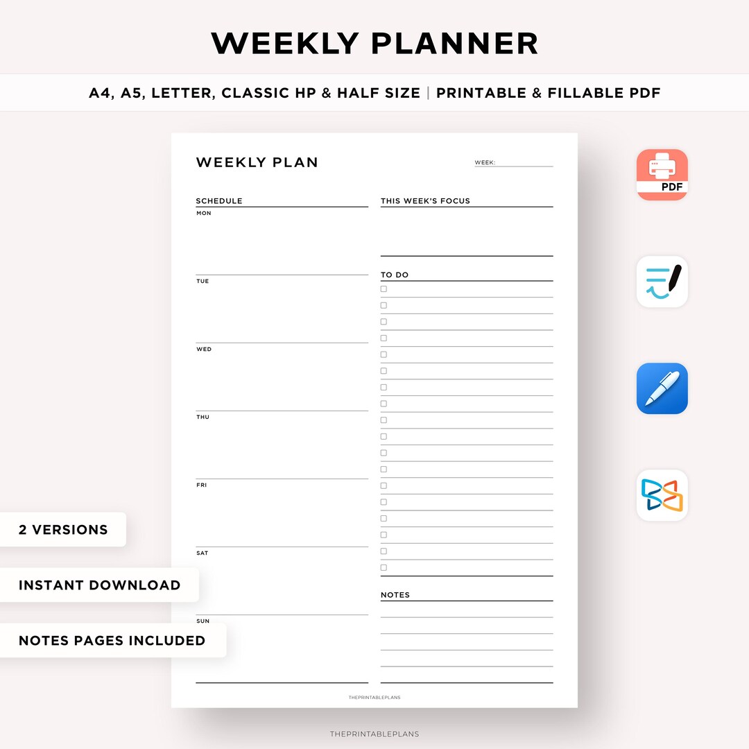 Weekly Planner Printable, Weekly Agenda, Weekly Schedule Organizer ...
