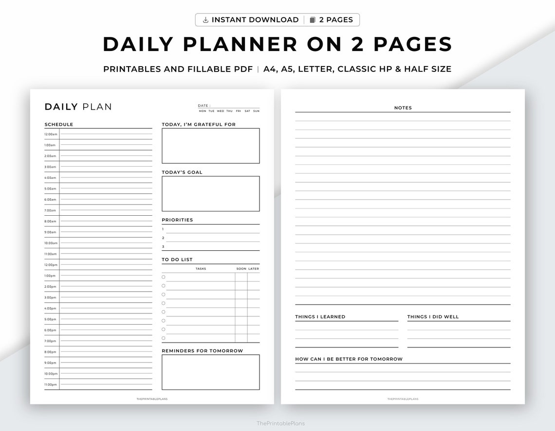 Daily Planner Printable, 24 Hour Planner, Daily Goal Planner, 30 Minute ...