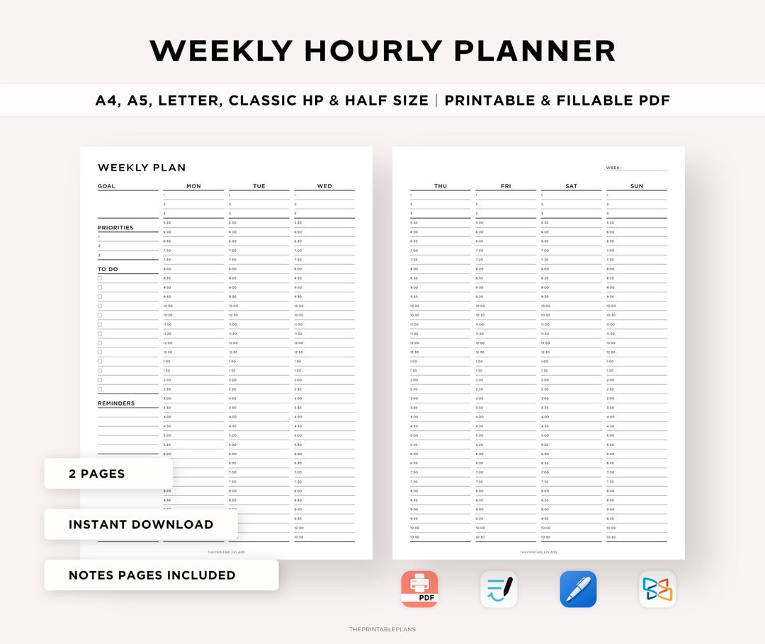 Weekly Hourly Planner Printable, Weekly Schedule, Daily Planner ...