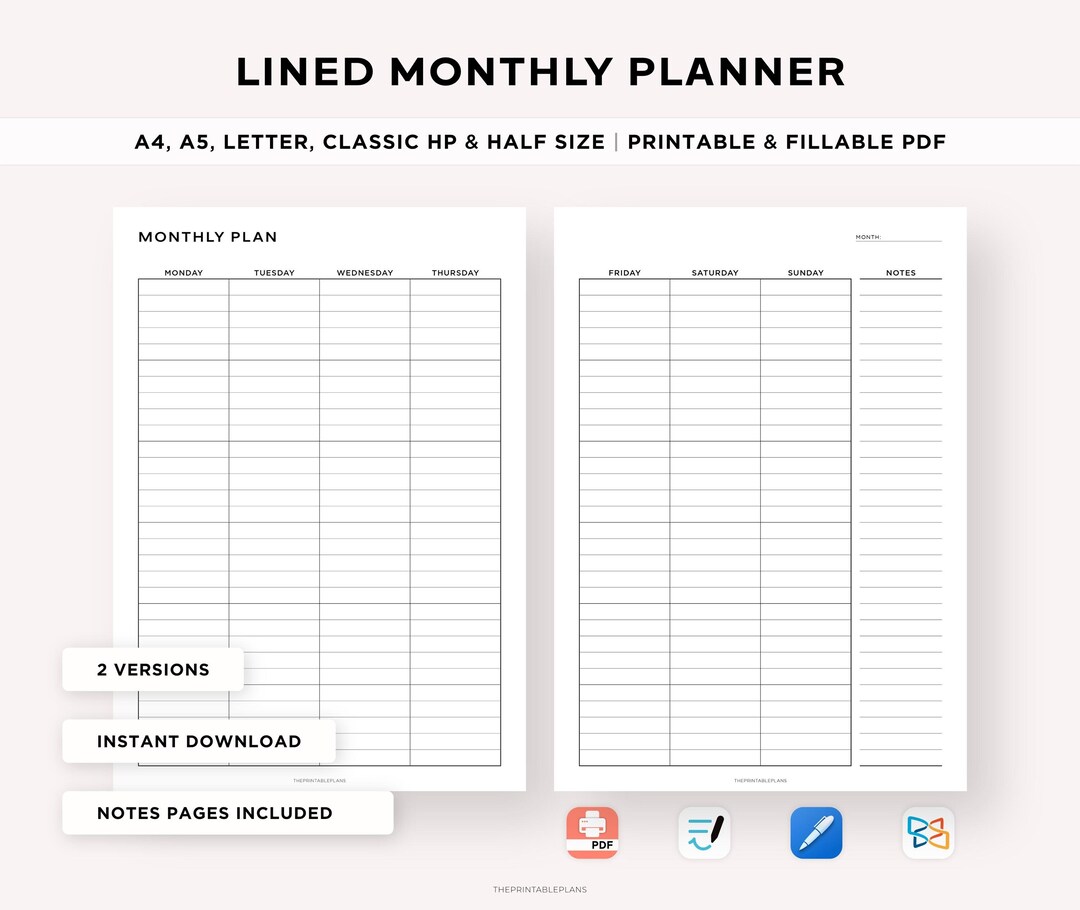 Lined Monthly Planner Printable, Month on 2 Pages, Monthly Calendar ...