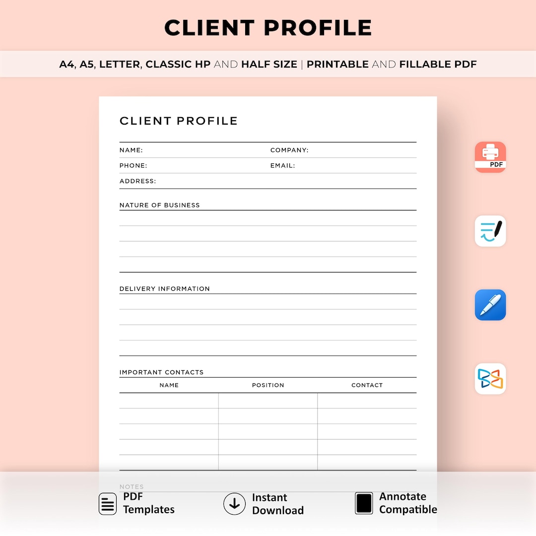 Business Client Profile Template, Client Log, B2B Client Information ...