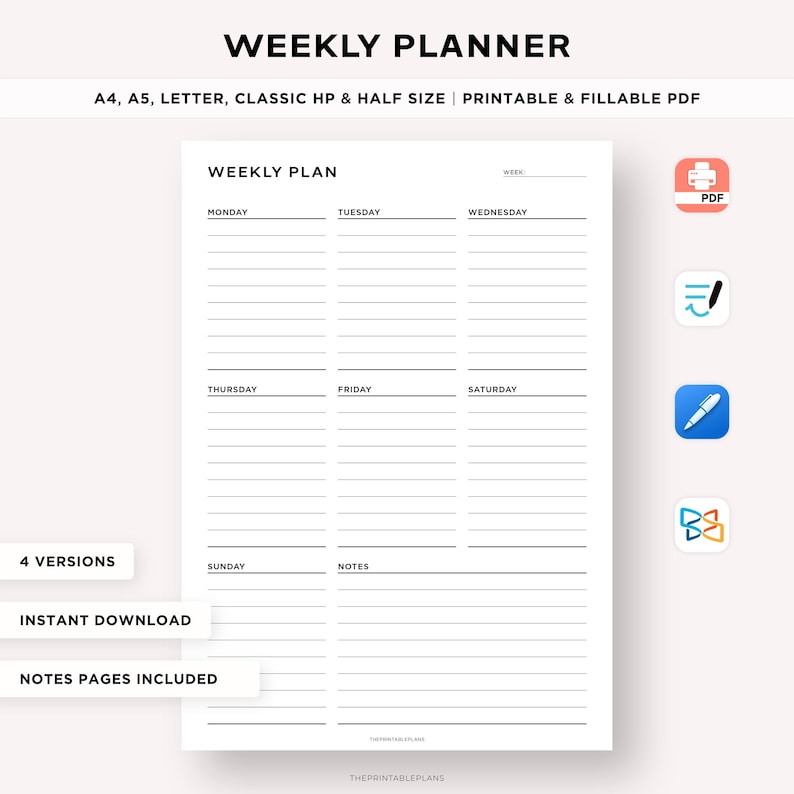Weekly Planner Printable, Week at a Glance, Weekly Schedule, to Do List ...
