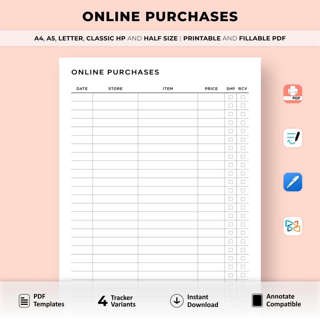 Online Purchases Tracker Printable, Order Tracker Template, Shopping ...