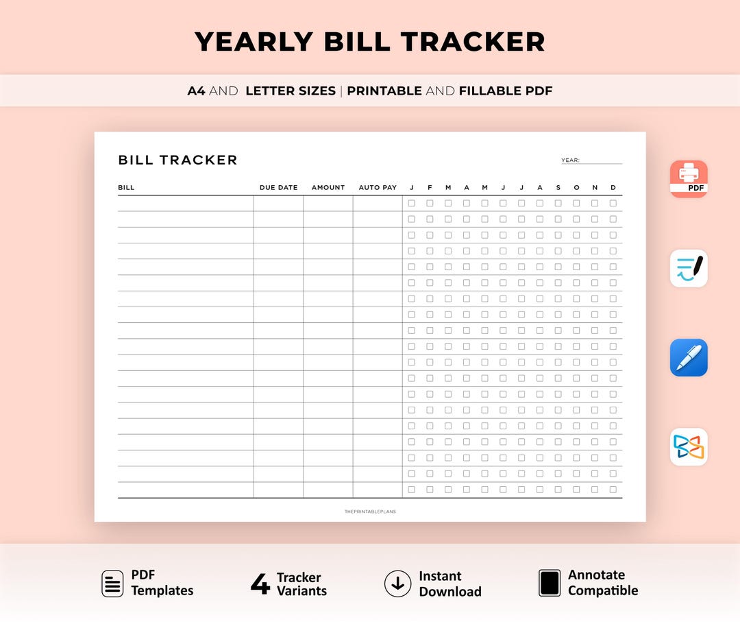 Yearly Bill Tracker Printable, Bill Payment Checklist, Bill Organizer ...