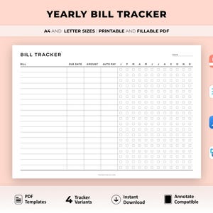 Yearly Bill Tracker Printable, Bill Payment Checklist, Bill Organizer ...