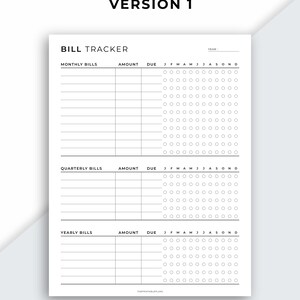 Monthly, Quartly, Yearly Bill Tracker on One Page Printable, Bill ...