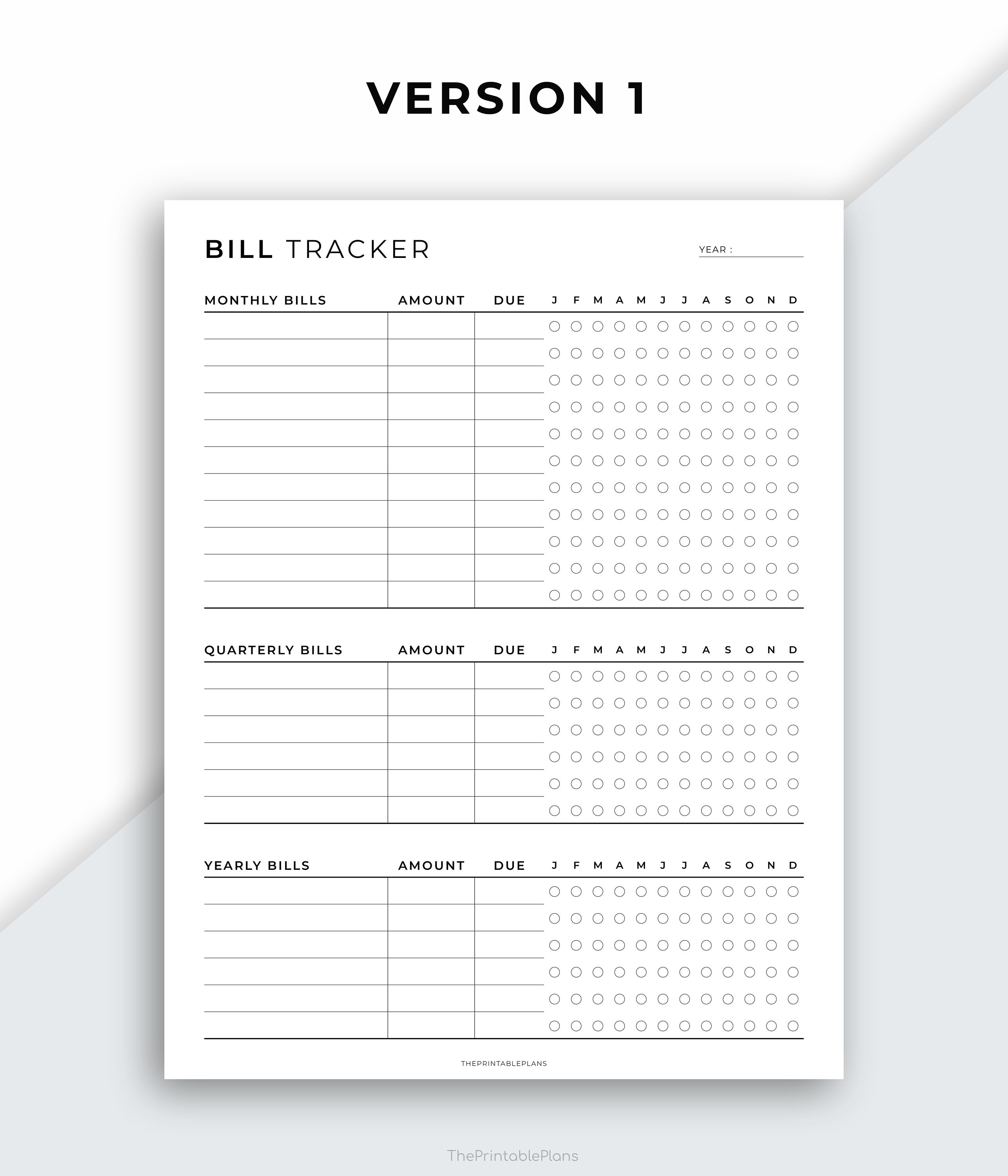 Monthly, Quartly, Yearly Bill Tracker on One Page Printable, Bill ...