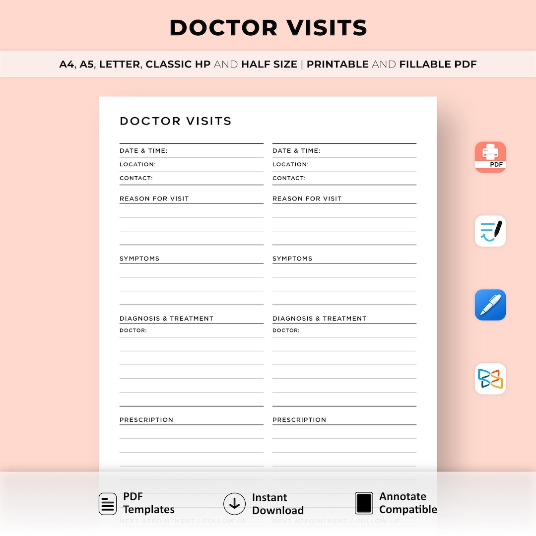 Doctor Visits Planner Printable, Doctor Appointment Log, Health Record ...