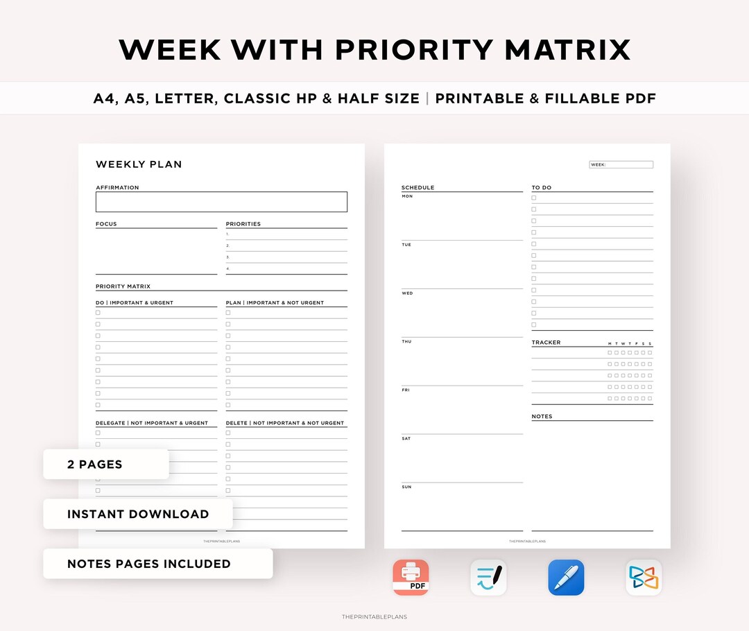Weekly Planner With Priority Matrix, Weekly Agenda, Productivity ...