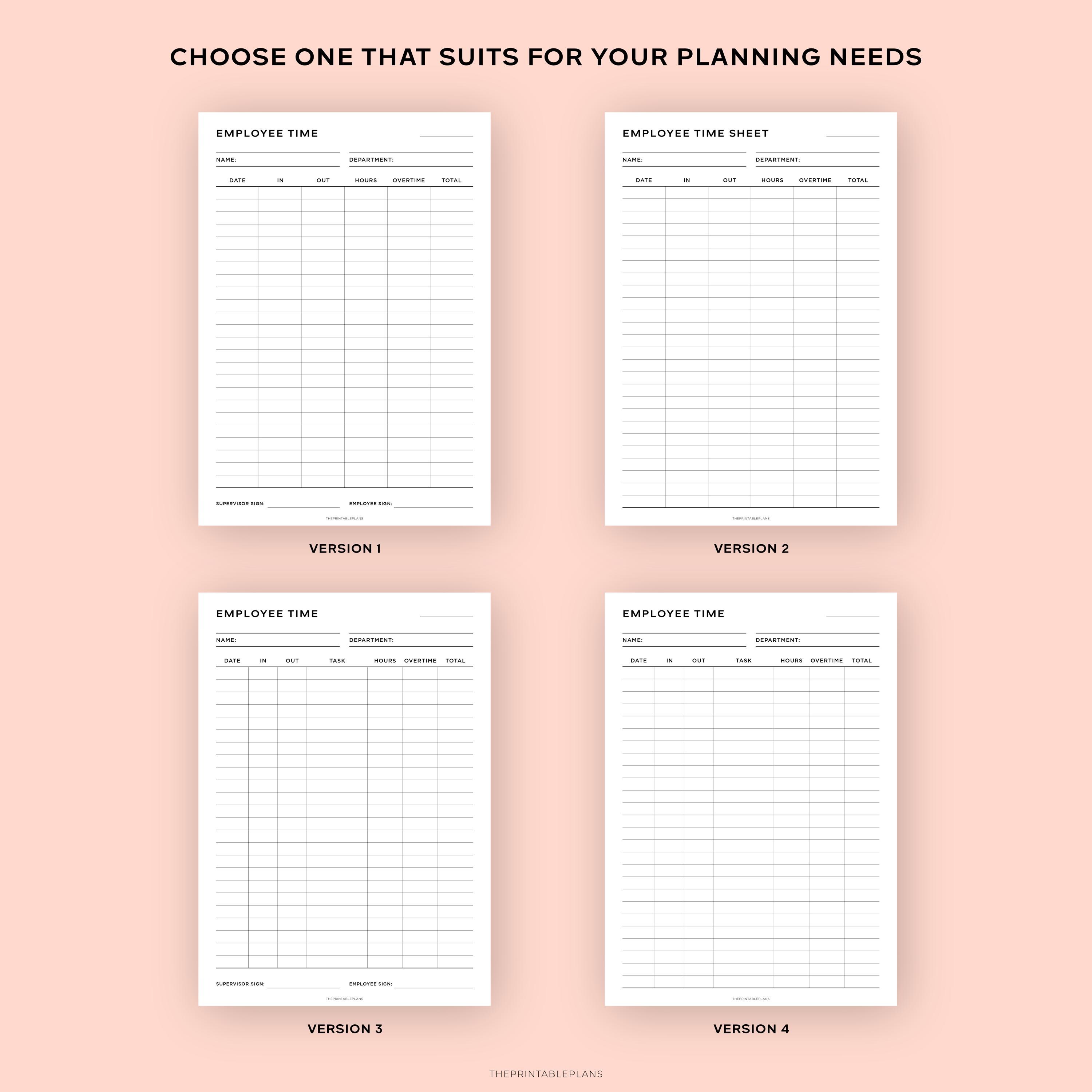 Employee Time Tracker Printable, Employee Time Sheet, Working Hours ...