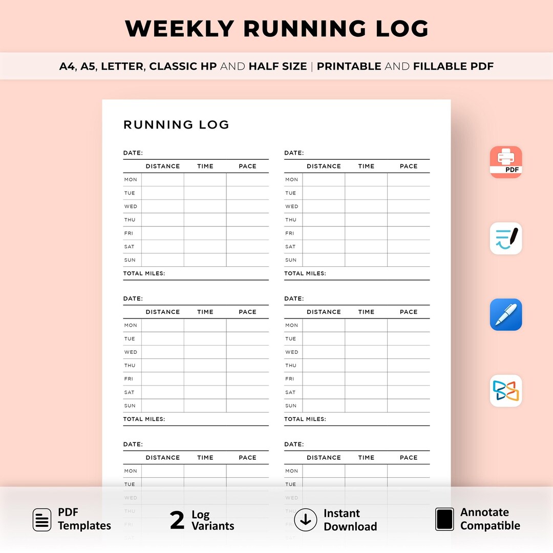 Weekly Running Log Printable, Running Tracker, Running Journal, Cardio ...