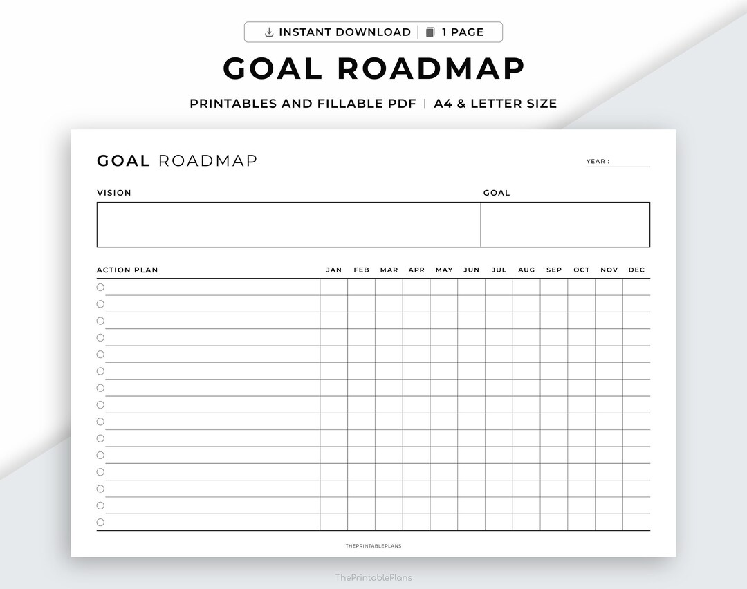 Goal Roadmap Landscape Printable, Goal Action Plan, Project Yearly ...