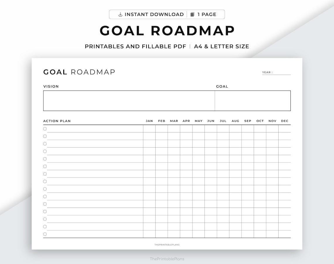Goal Roadmap Landscape Printable, Goal Action Plan, Project Yearly ...
