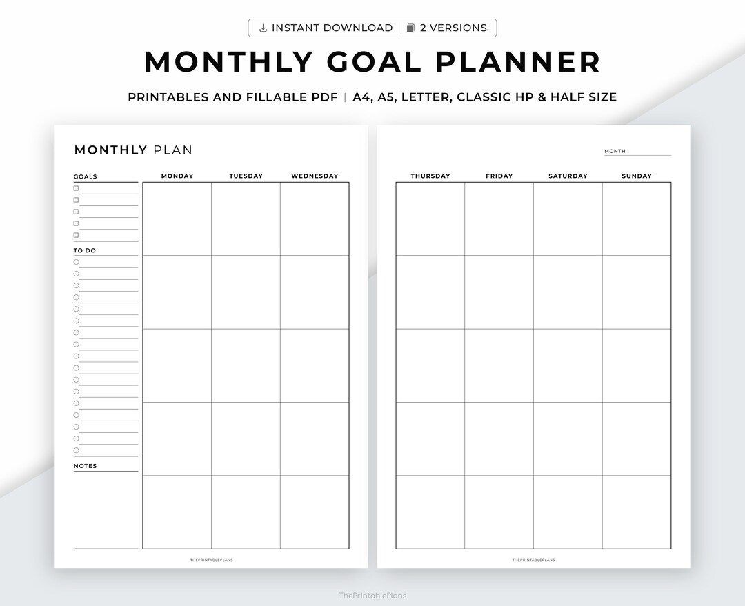 Monthly Goal Planner Printable, Monthly Planner, Productivity Planner ...