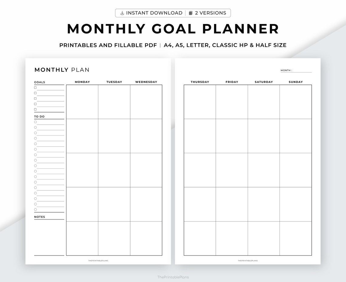 Monthly Goal Planner Printable, Monthly Planner, Productivity Planner ...