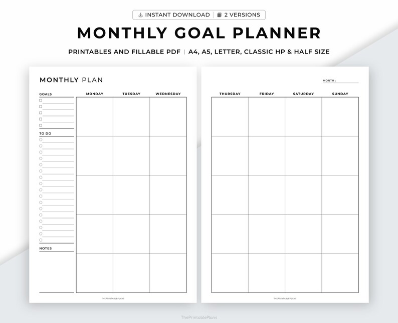 Monthly Goal Planner Printable, Monthly Planner, Productivity Planner ...