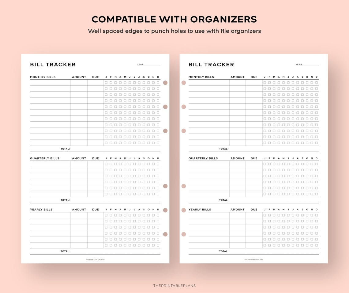 Monthly, Quartly, Yearly Bill Tracker on One Page Printable, Bill ...
