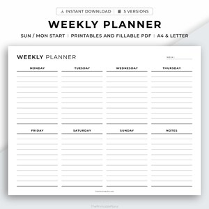 Weekly Planner Printable Landscape, Minimalist Weekly Schedule, Week at ...
