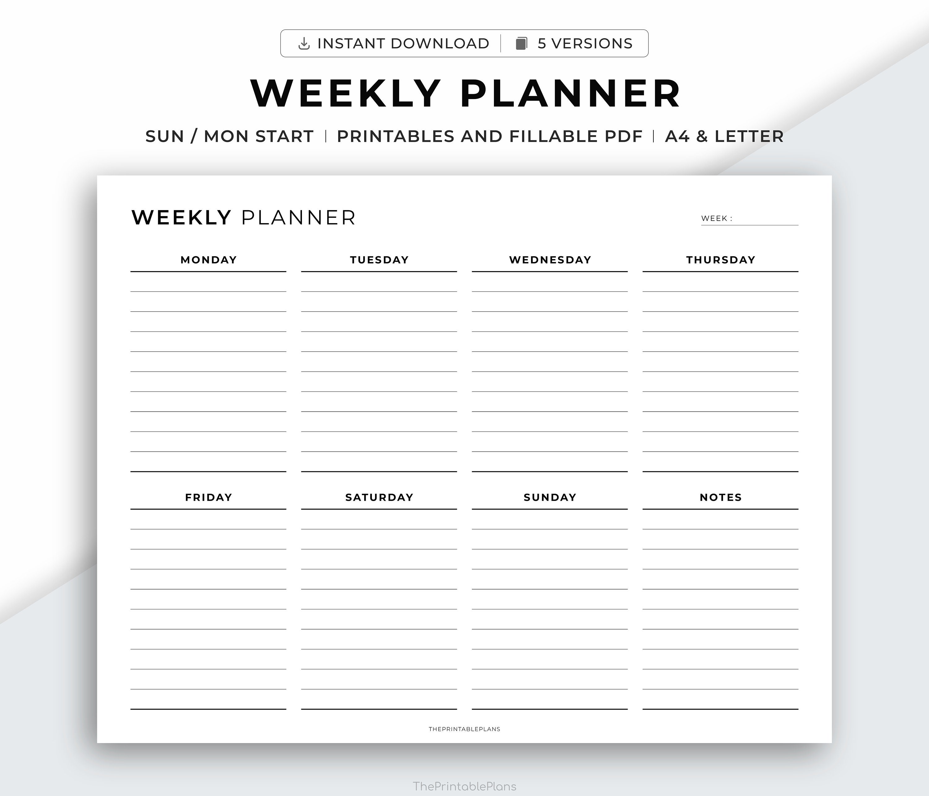 Weekly Planner Printable Landscape, Minimalist Weekly Schedule, Week at ...