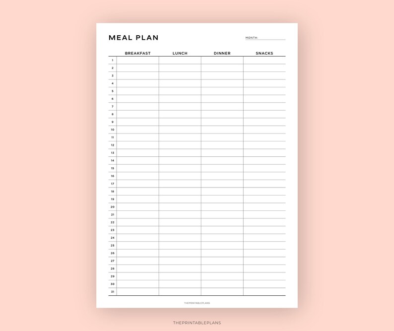 Simple Monthly Meal Planner Printable, 30 Day Menu Planner, Food ...