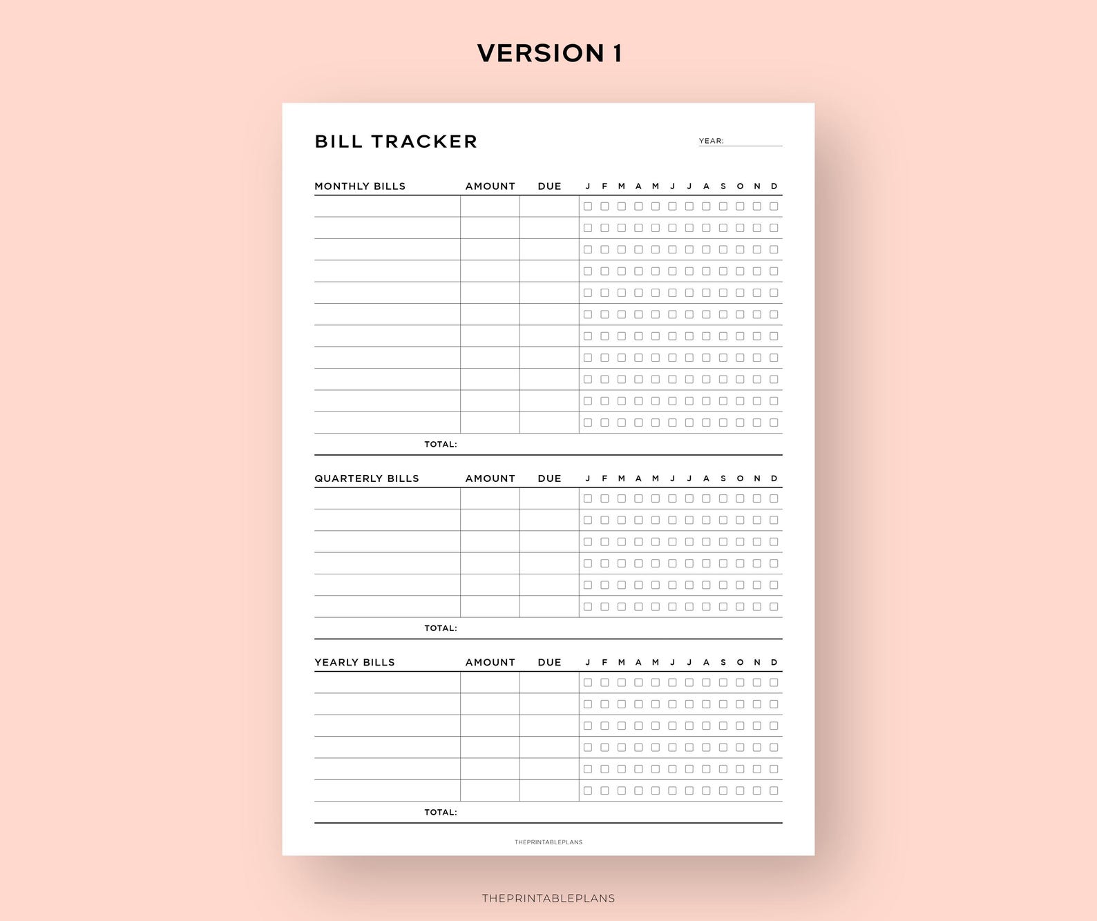 Monthly, Quartly, Yearly Bill Tracker on One Page Printable, Bill ...