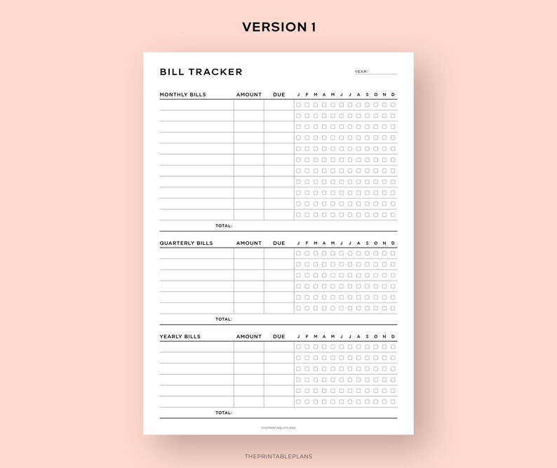 Monthly, Quartly, Yearly Bill Tracker on One Page Printable, Bill ...