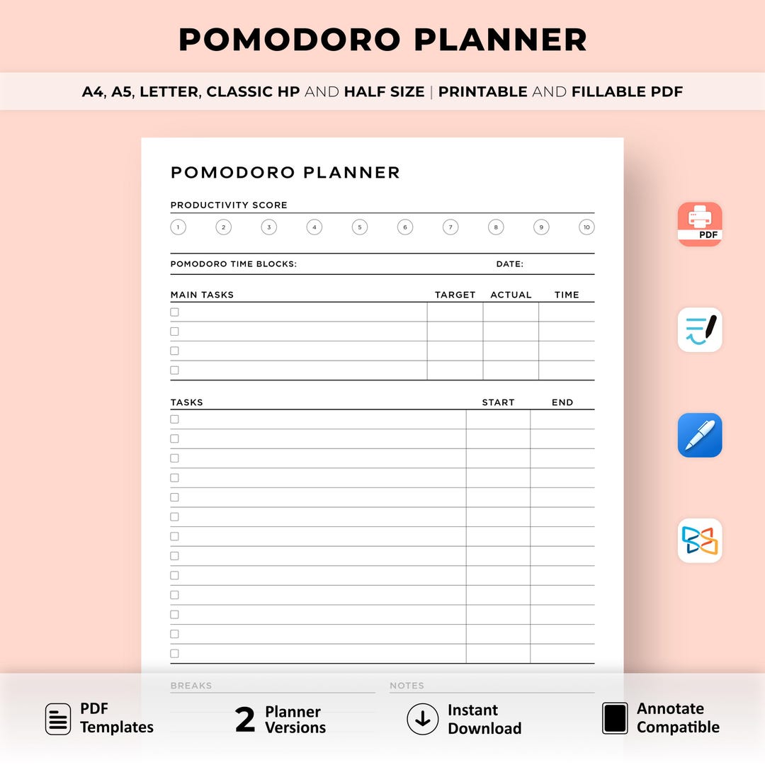 Pomodoro Planner Printable, Pomodoro Tracker, Time Tracker ...