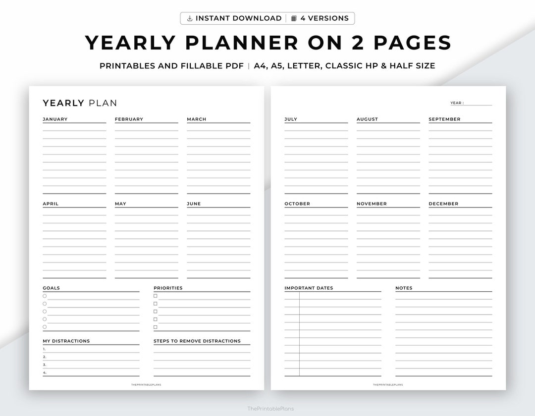 Two Page Yearly Planner, Yearly Goals, Annual Overview, Productivity ...