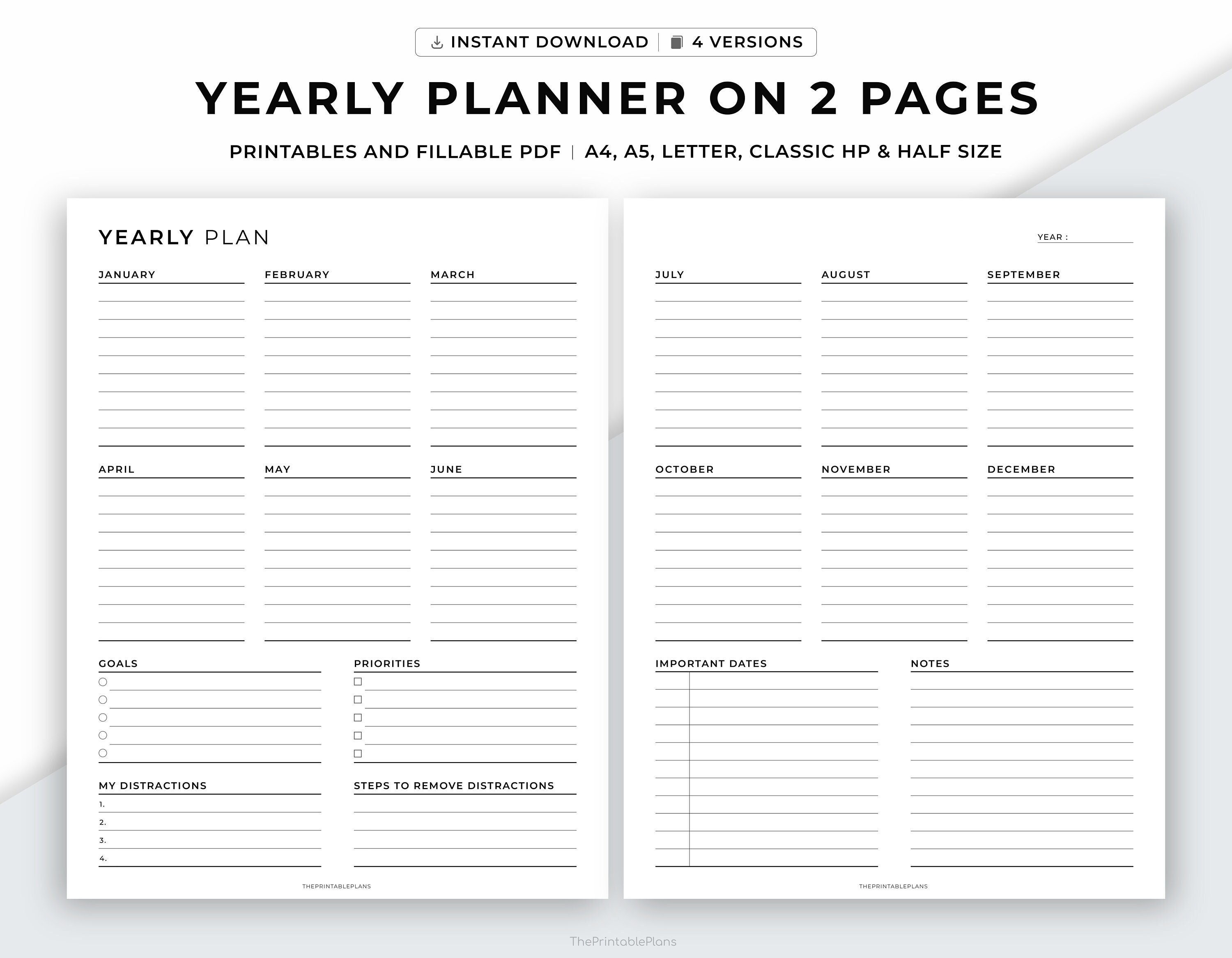 Two Page Yearly Planner, Yearly Goals, Annual Overview, Productivity ...