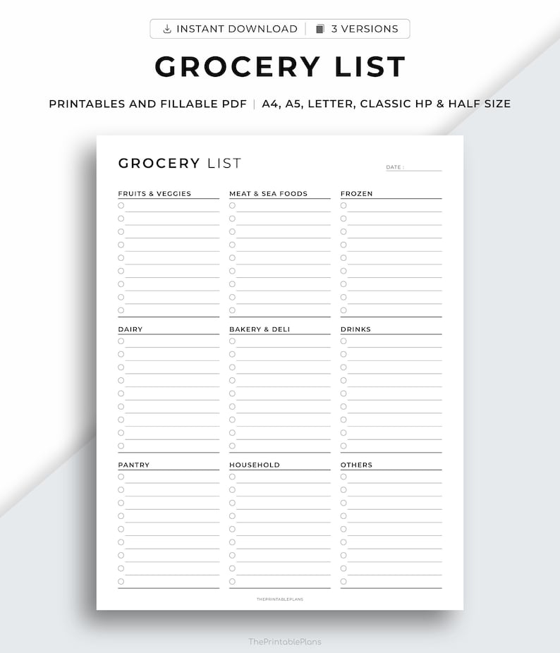 Grocery List Printable Template Grocery Planner Food - Etsy