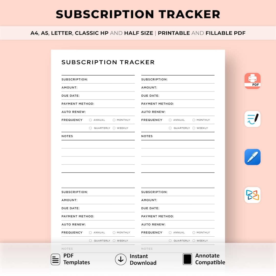Subscription Tracker Printable, Membership Tracker, Subscription ...