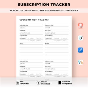 Subscription Tracker Printable, Membership Tracker, Subscription ...