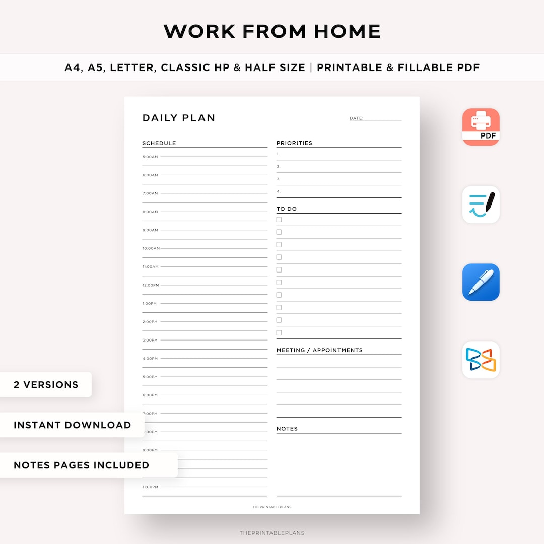 Personal Daily Planner Printable, Simple Work From Home Planner, Office ...