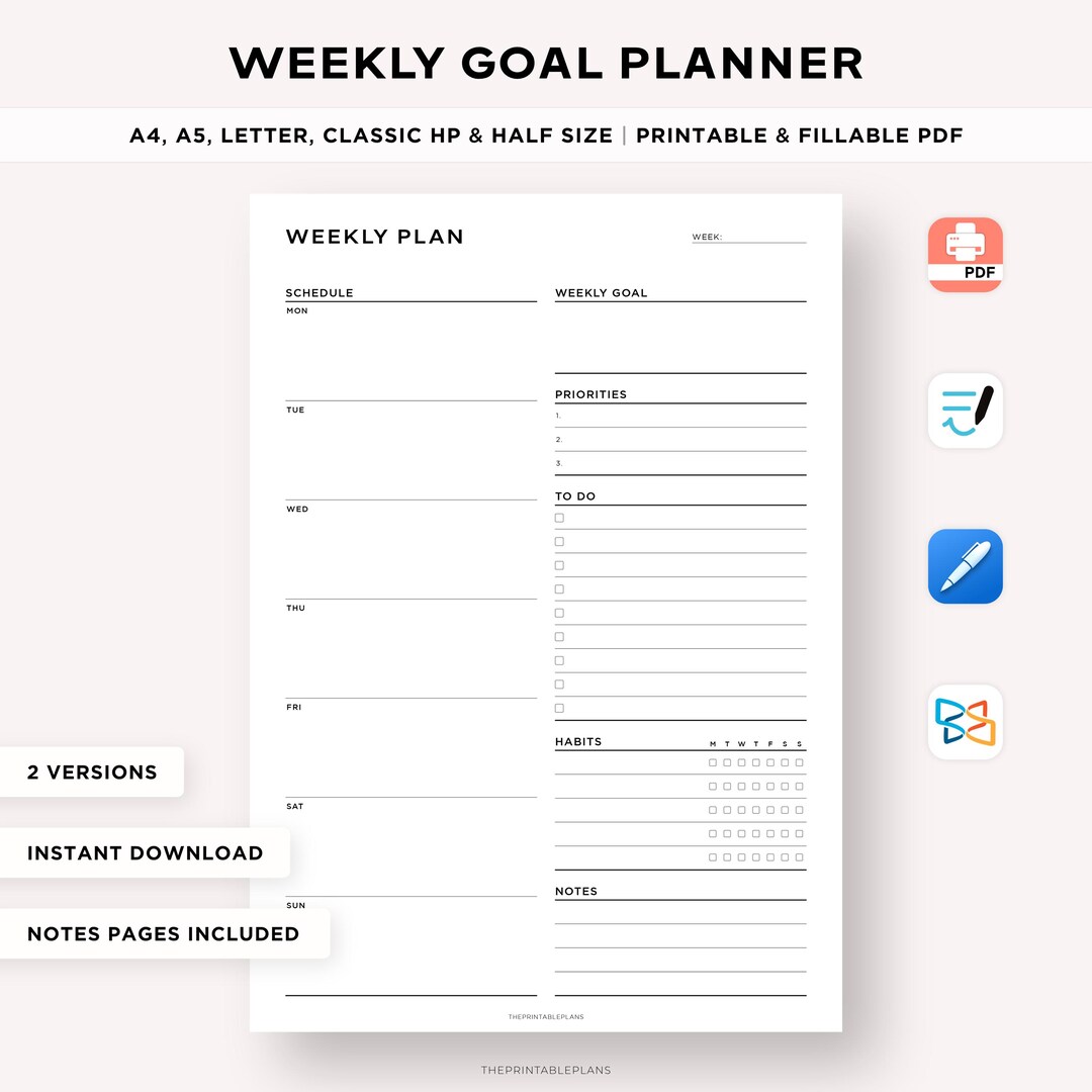 Weekly Goal Planner Printable, Undated Weekly Agenda, Weekly Schedule ...