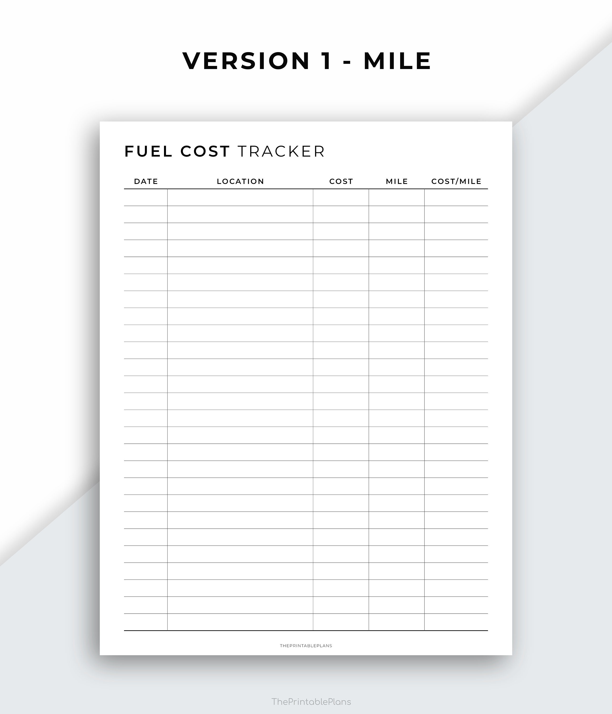 Fuel Cost Tracker Printable, Vehicle Fuel Cost per Mile, Fuel Expense ...