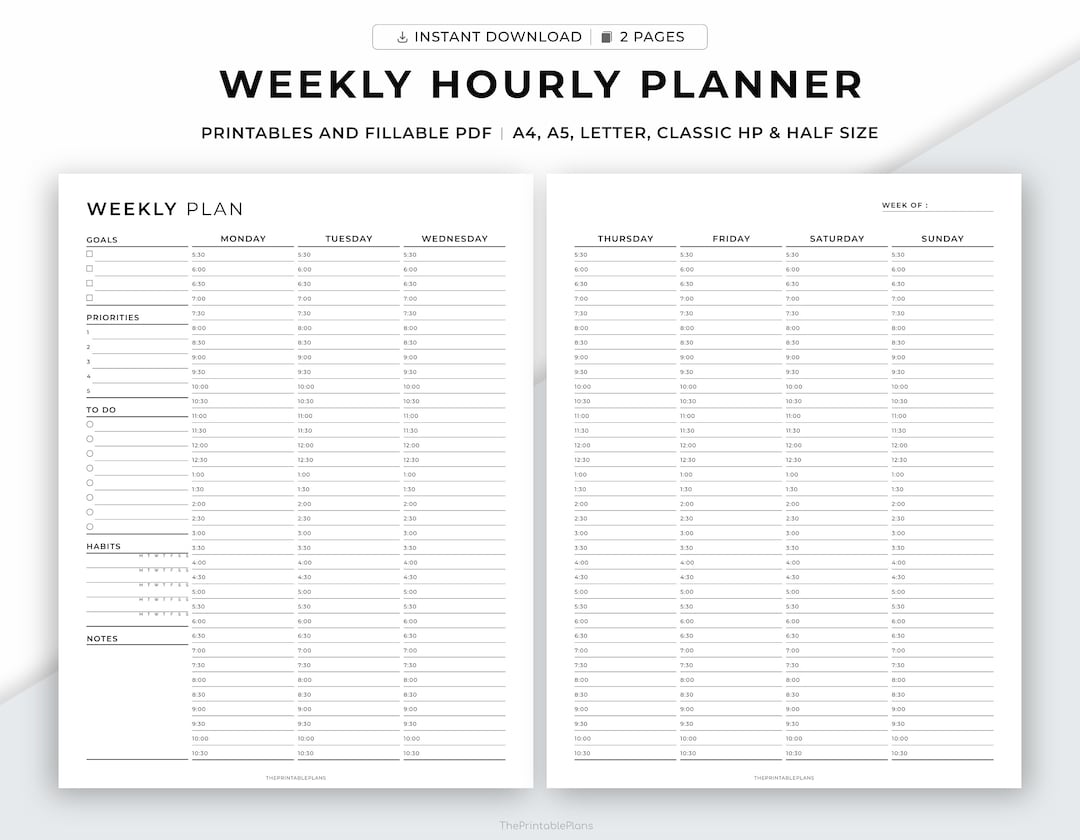 Weekly Hourly Planner Printable, Weekly Schedule, Daily Planner ...