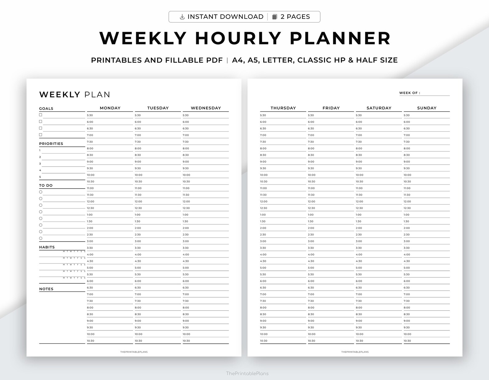 Weekly Hourly Planner Printable, Weekly Schedule, Daily Planner ...