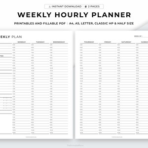 Weekly Hourly Planner Printable, Weekly Schedule, Daily Planner ...